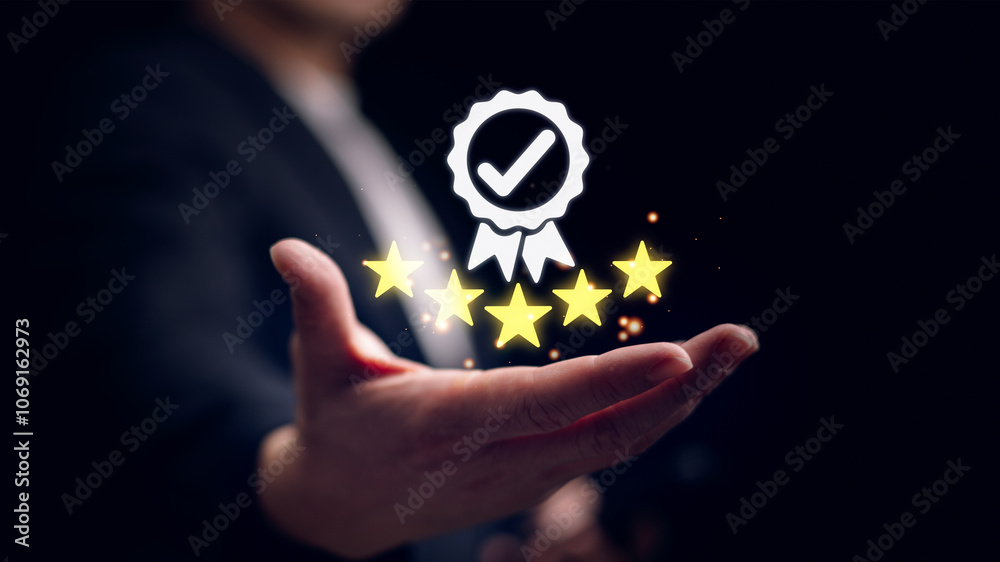 Businessman hand holding a five star rating with a certificate check ...