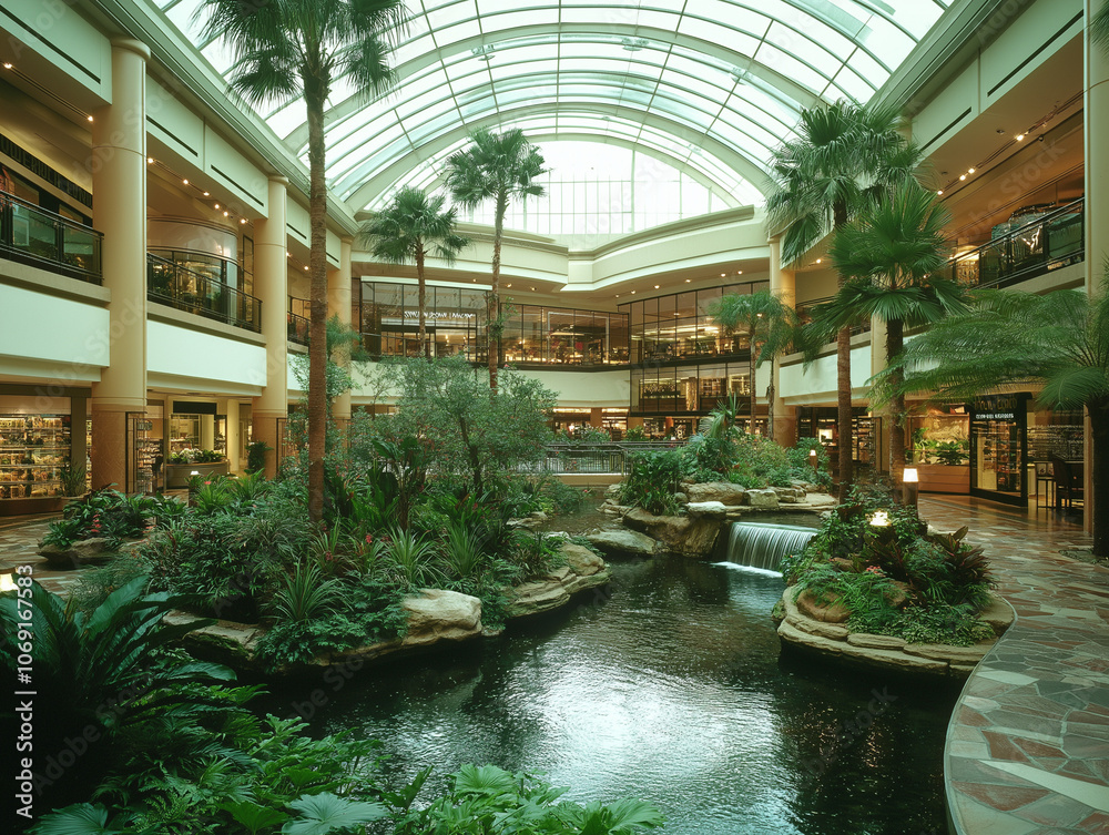 Indoor Oasis: A serene, lush atrium with a cascading waterfall and ...