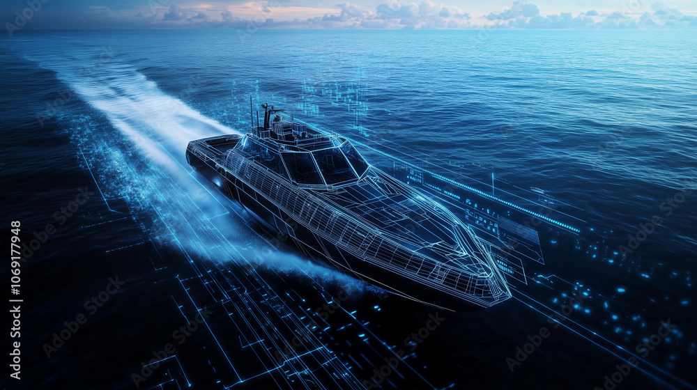 High-speed interceptor boat with cutaway overlays on engine systems ...