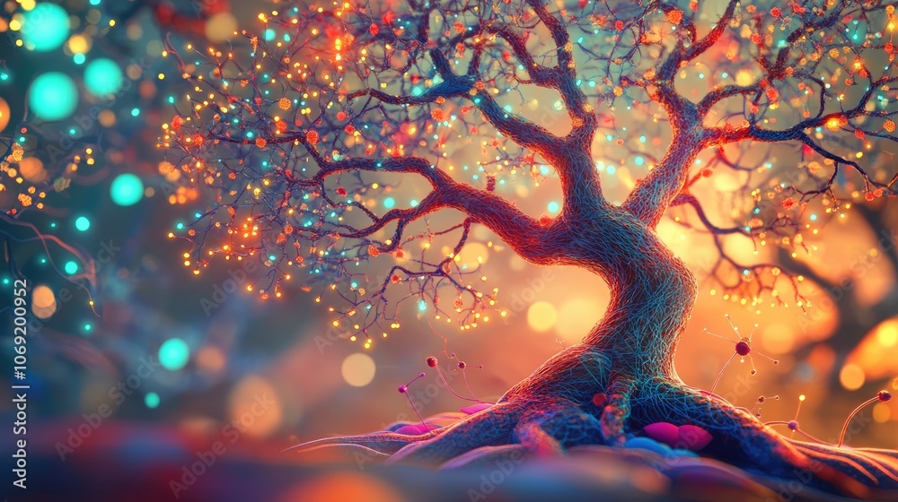 Biological illustration of a tree surrounded by a detailed neural ...