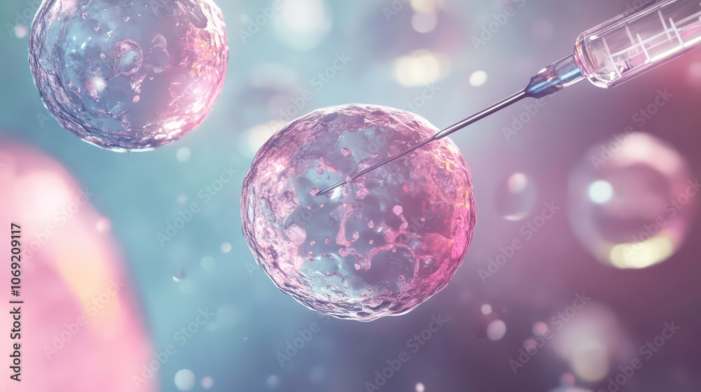 Medical needle injection into human egg cell microscopy detail, IVF In ...