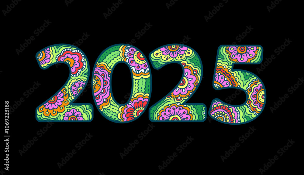 Colored 2025 zentangle New Year number. Date decoration lettering 2025 ...