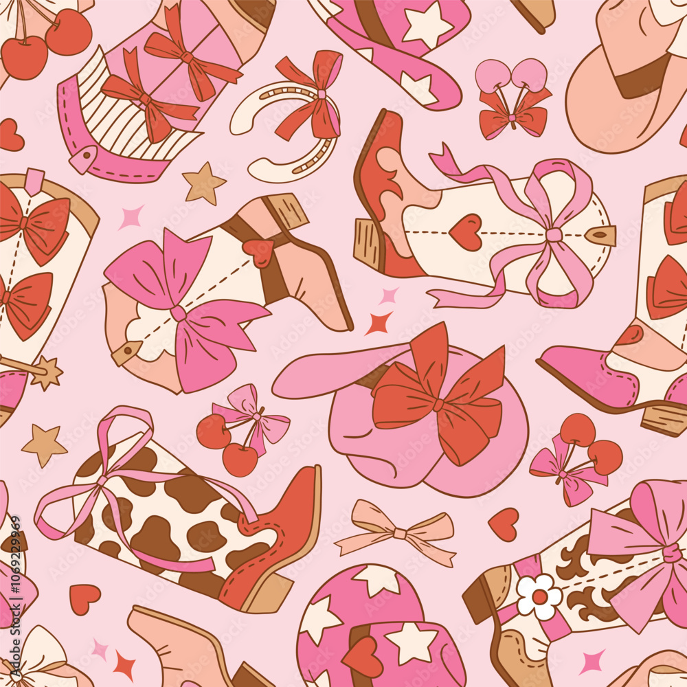 Seamless vector pattern with western cowgirl boots. Hand drawn girly ...