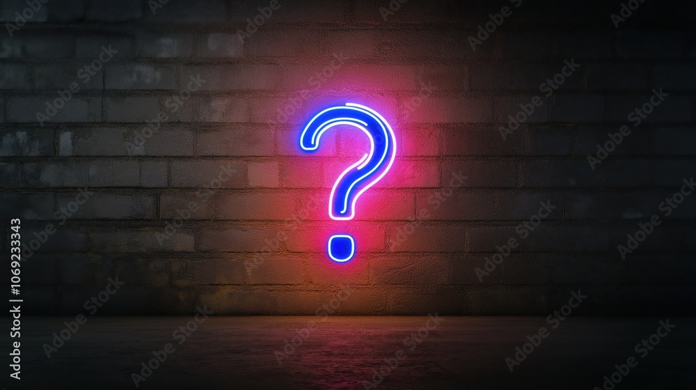 Neon sign in form of a question mark on a wall background representing ...