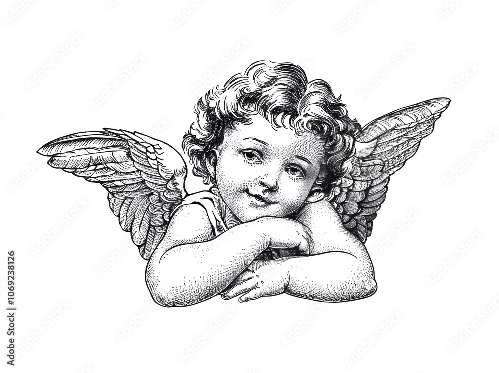 An adorable cherub lying peacefully. Woodcut engraving style ...