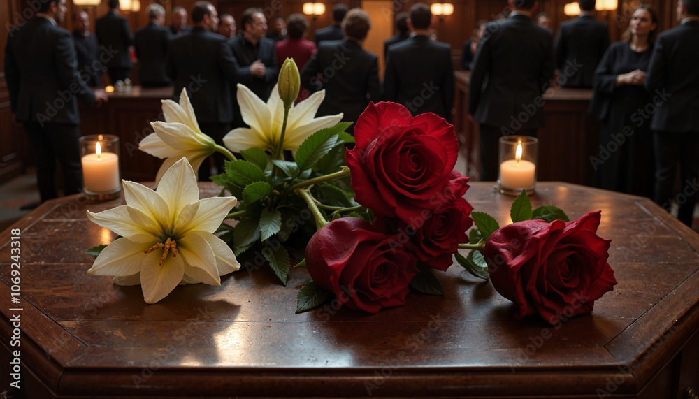 Death as liberation. Red roses and white lilies on casket at memorial ...
