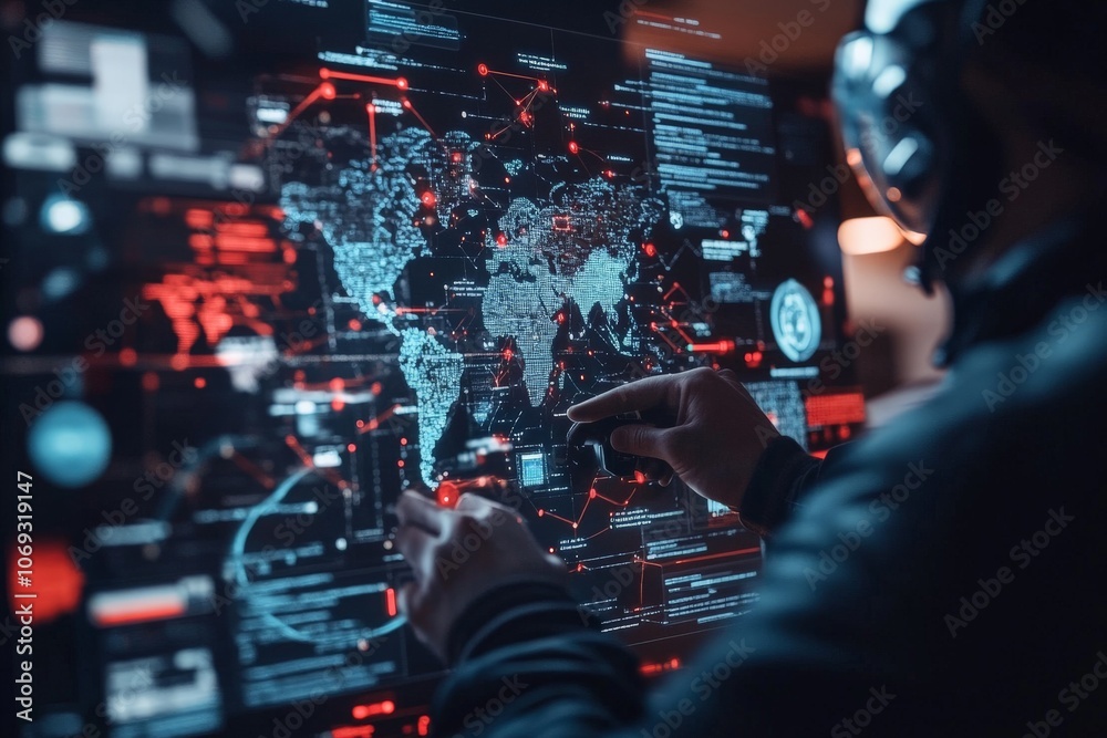 A person interacts with a high-tech digital interface featuring a world map and data ...