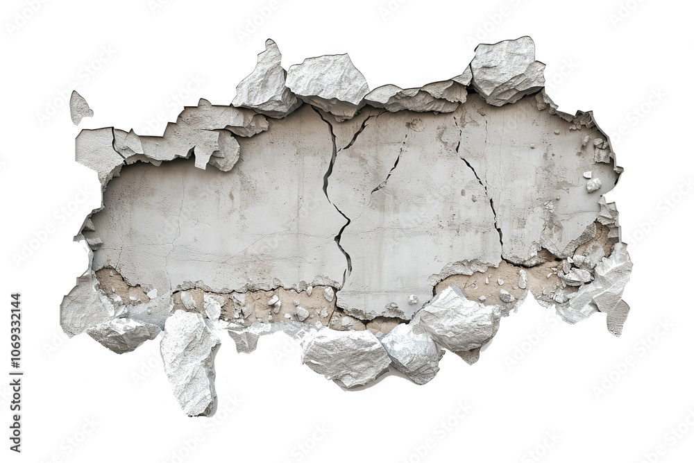 large crack in a wall with a white background. The crack is wide and ...