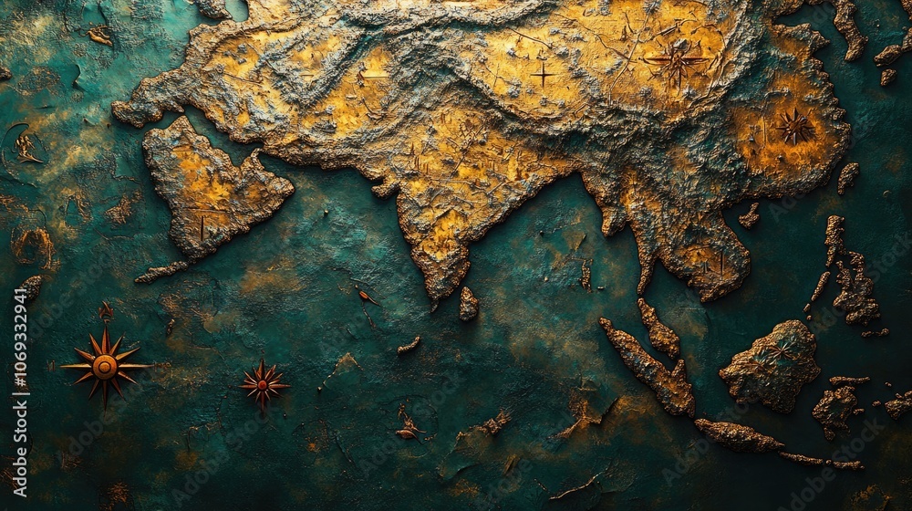 An artistic rendition of an ancient Indian map, decorated with ...