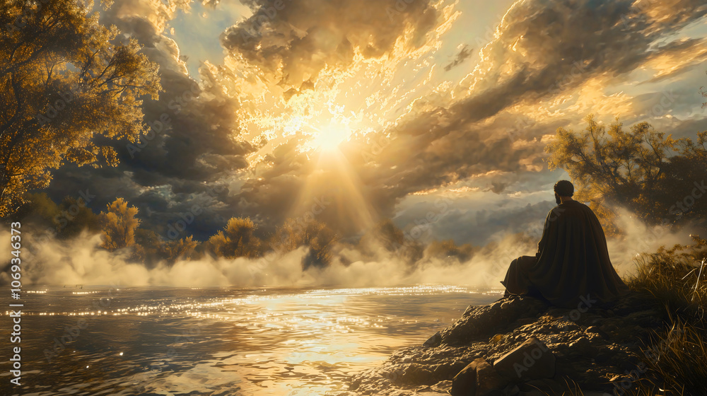 Prophet Ezekiel by a river, receiving a vision from God, the heavens ...