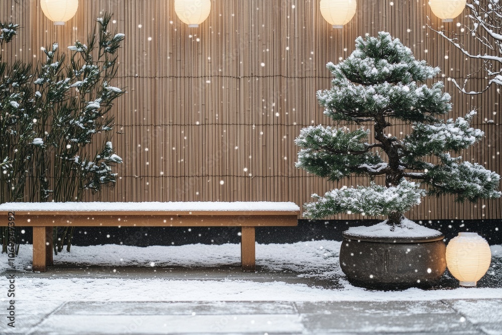 calm Japandi outdoor Christmas setup with a low wooden bench, paper ...