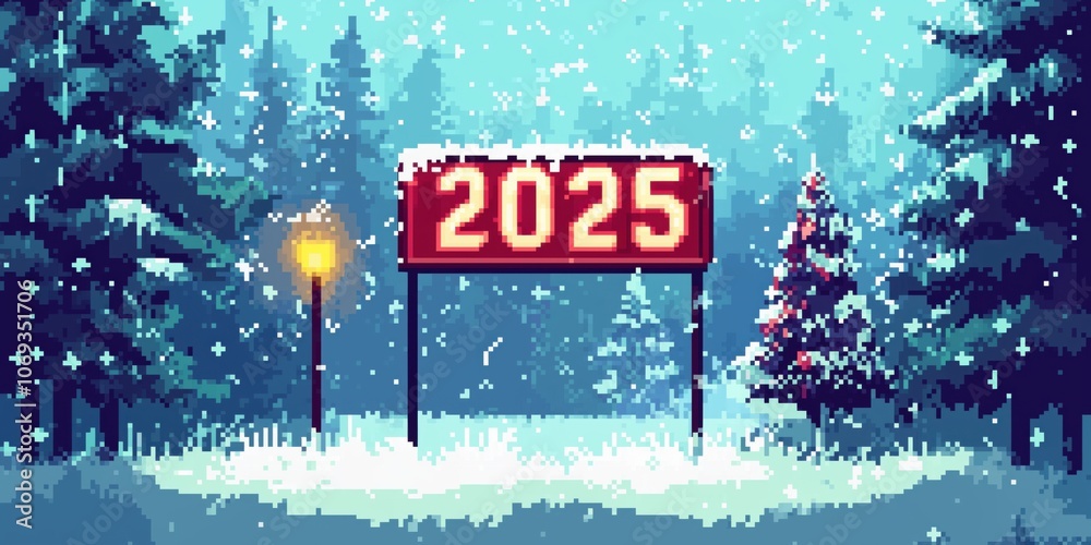 2025 new year pixel art banner with winter wonderland theme for ...