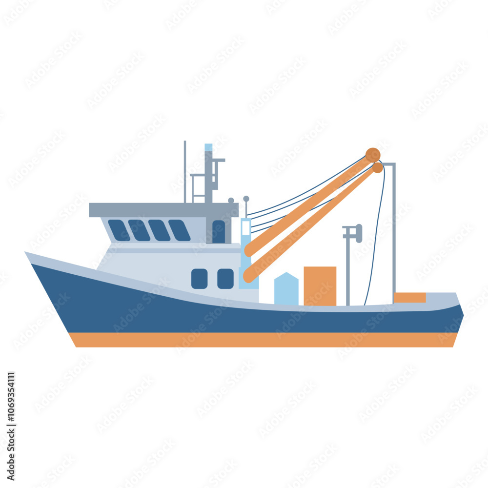 Fish industry ship in flat design. Commercial fishing trawler floating ...