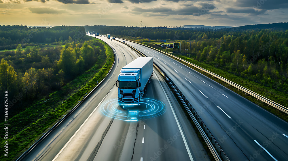 Aerial view of autonomous truck driving on autopilot on a highway with ...