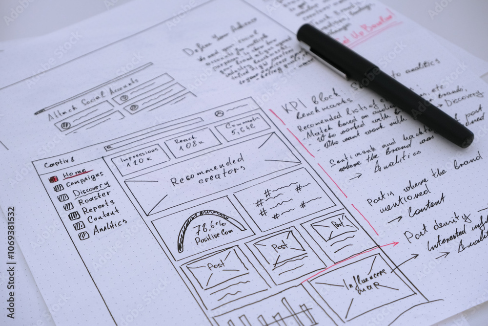 Hand-drawn wireframe sketches illustrate a UI design concept, detailing ...