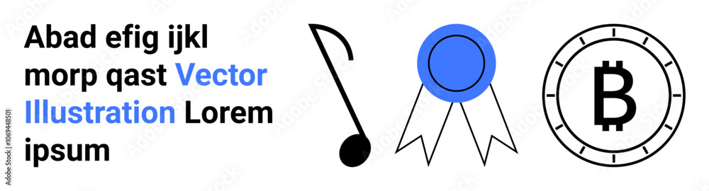 Treble clef note, blue award ribbon, Bitcoin coin icon, and example ...
