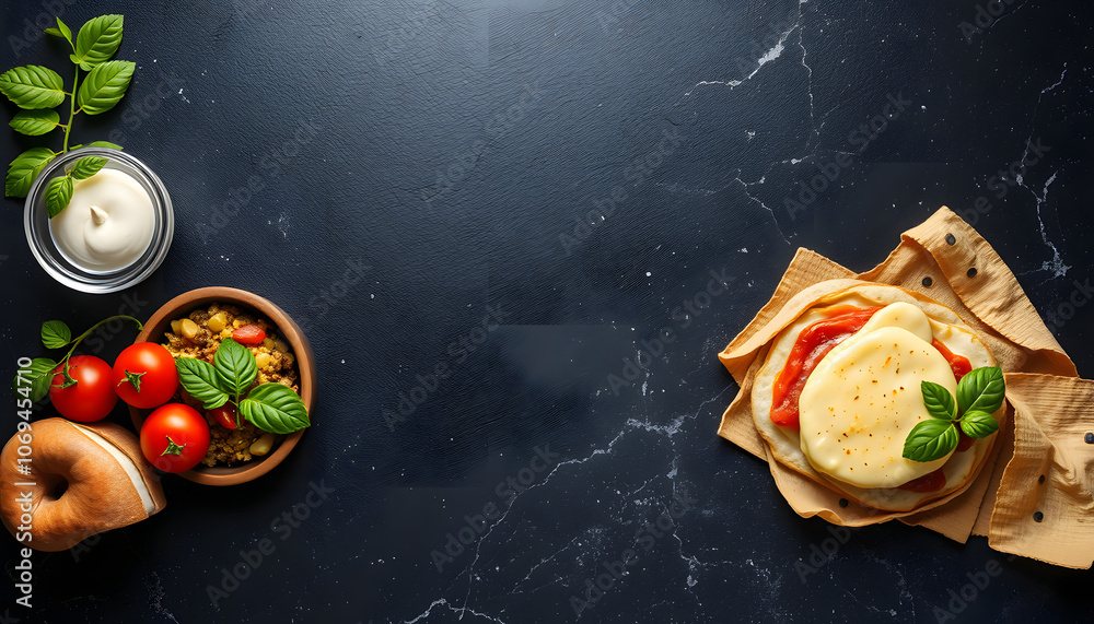 Italian Food background on black stone table. Top view isolated with ...
