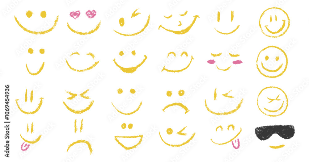 Doodle chalk emoji face icon set. Textured kids hand drawn sketch ...