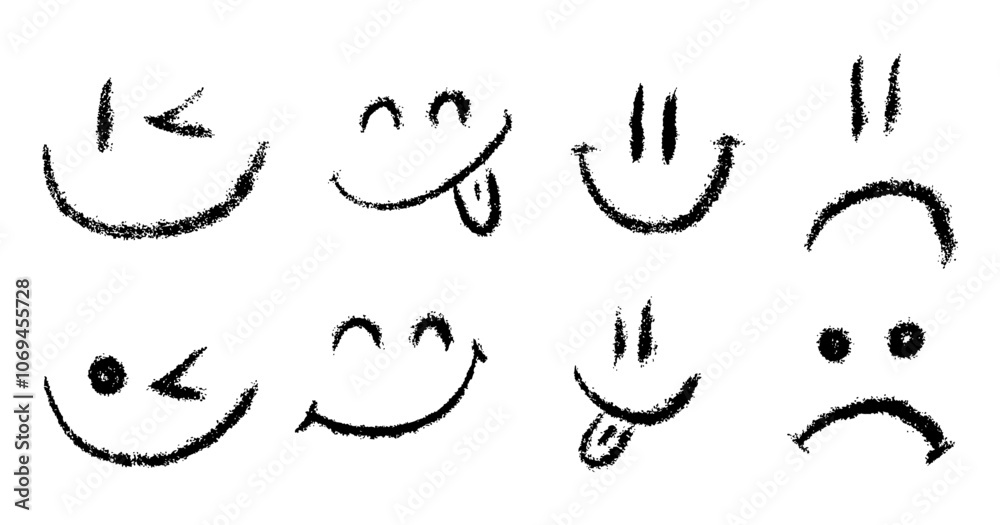 Doodle chalk emoji face icon set. Textured kids hand drawn sketch ...