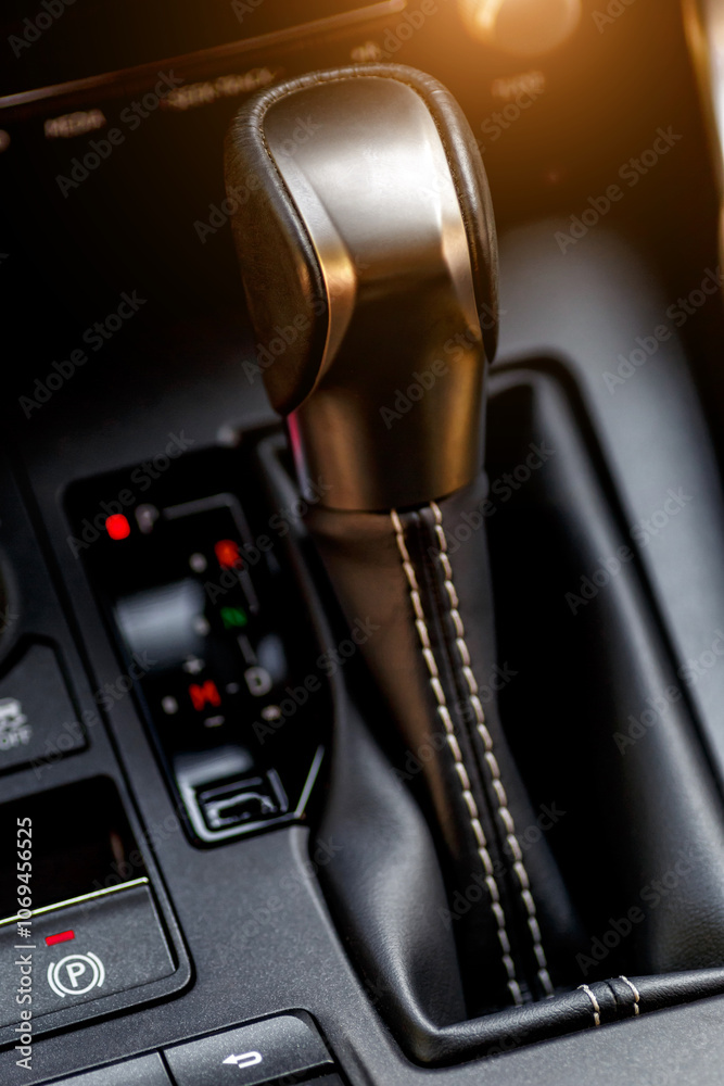 Inside the car.Gear shift handle in a modern car.Vehicle interior ...