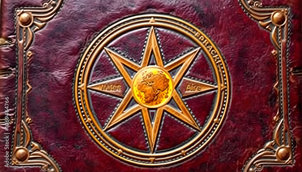 Aged leather book cover, design with the pentagram which contain ...