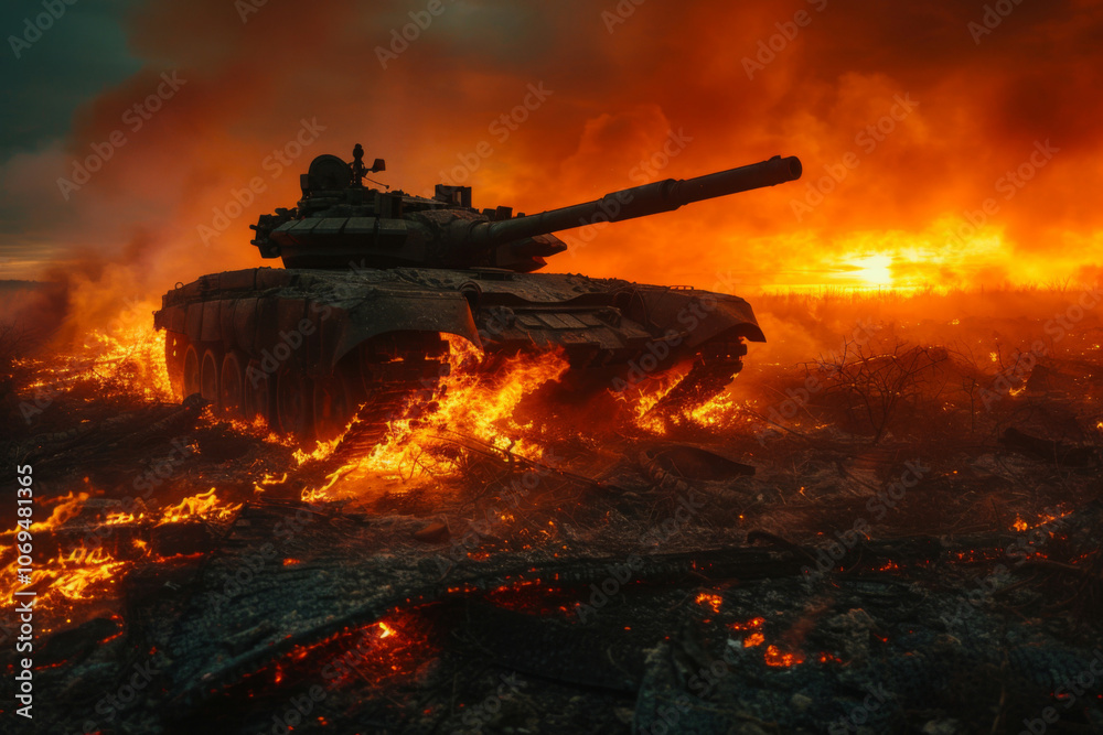 Tank on fire moves through blazing battlefield surrounded by flames and ...
