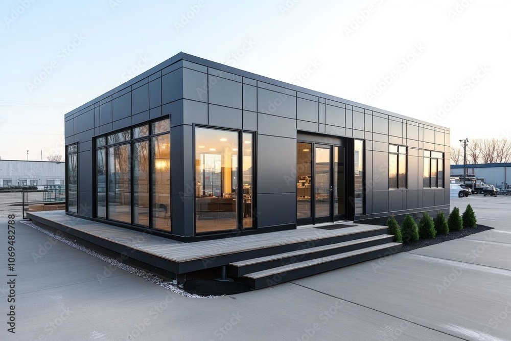 Modern modular home showcased inside a production facility with sleek ...