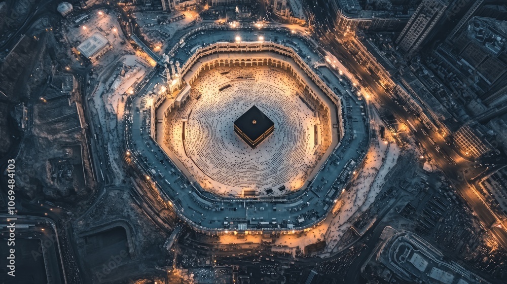 Aerial view of the Kaaba, the holiest site in Islam, surrounded by the ...
