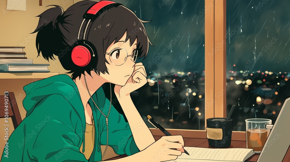 Lofi Girl studying at her desk, rainy city view outside. beautiful ...