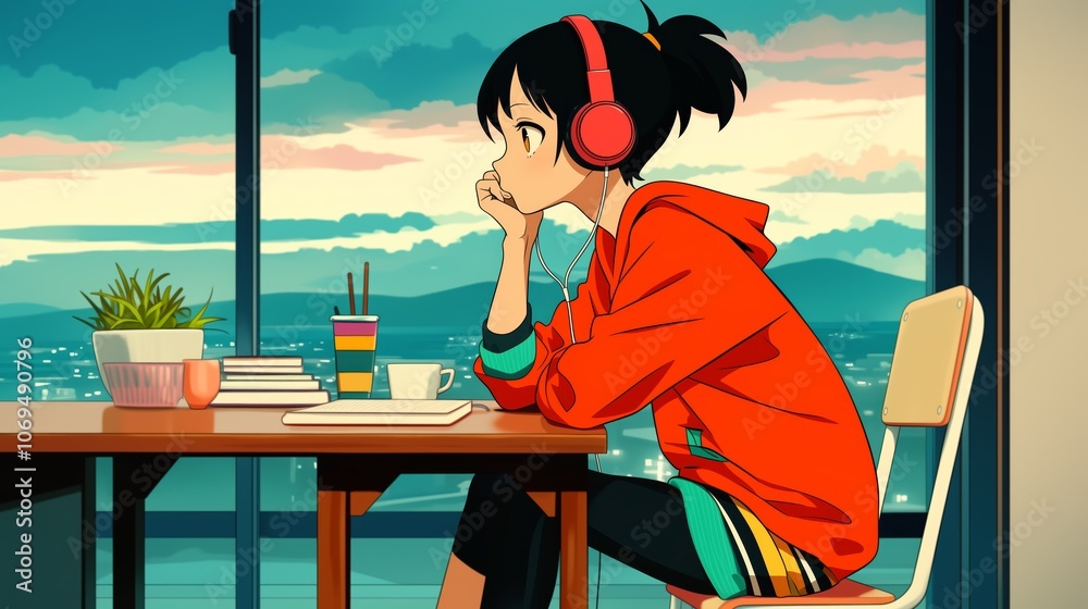 Lofi Girl studying at her desk, rainy city view outside. beautiful ...