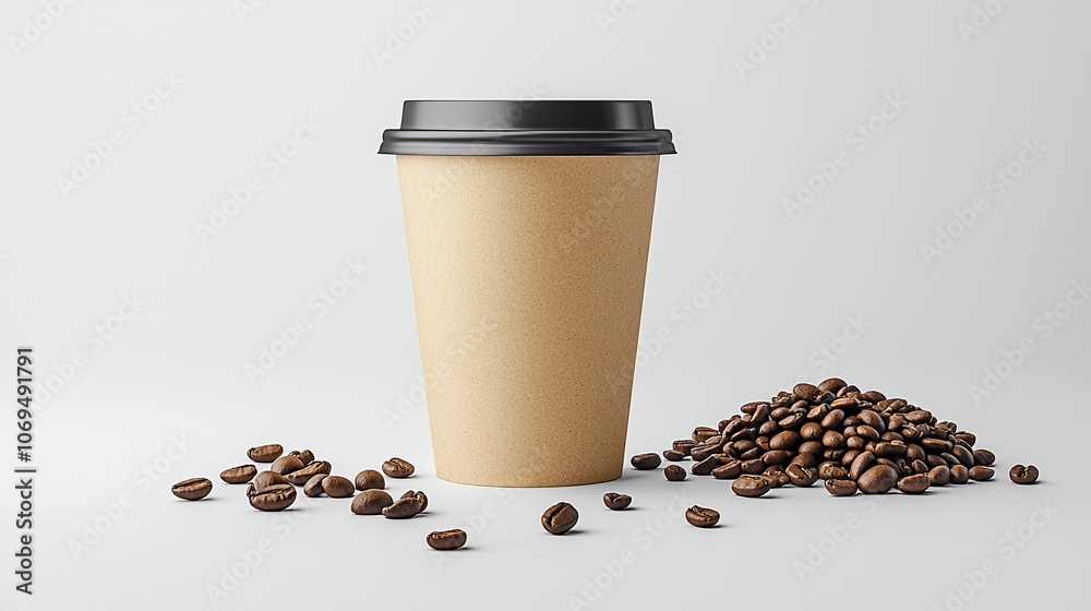 Kraft paper coffee cup mockup with roasted coffee beans arranged on a ...