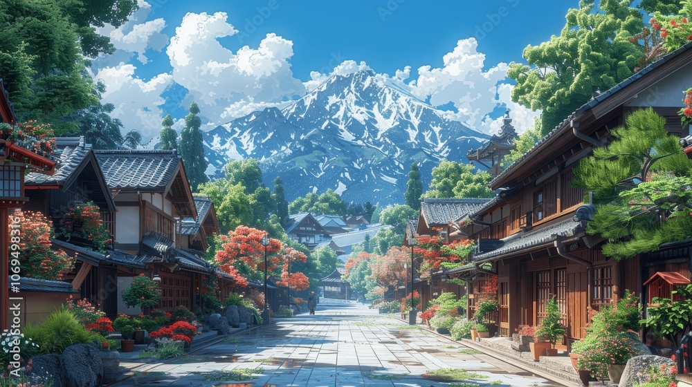 anime style in old japanese town with mountains and houses on a sunny ...