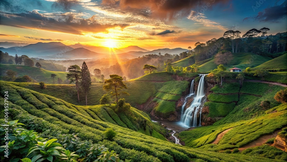 Tea plantation and St Claire waterfall at sunrise in Sri Lanka, Tea ...