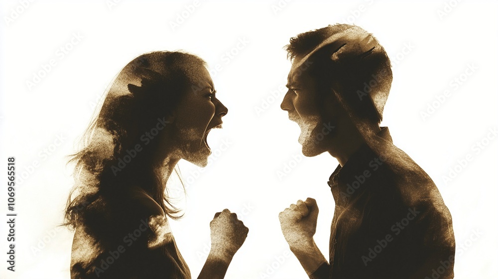 Silhouettes of a man and woman facing each other with clenched fists ...