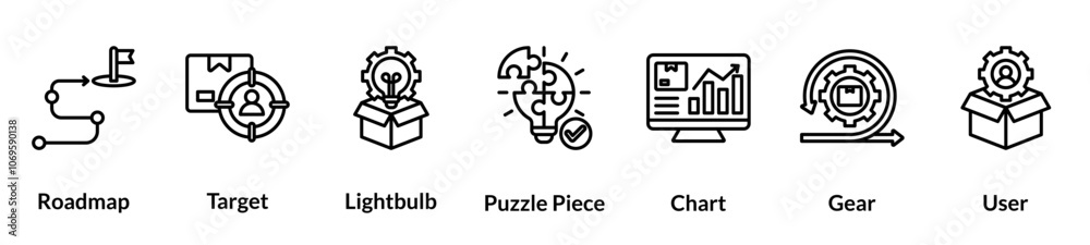 Product Management line icon set. Roadmap, Target, Lightbulb, Puzzle ...