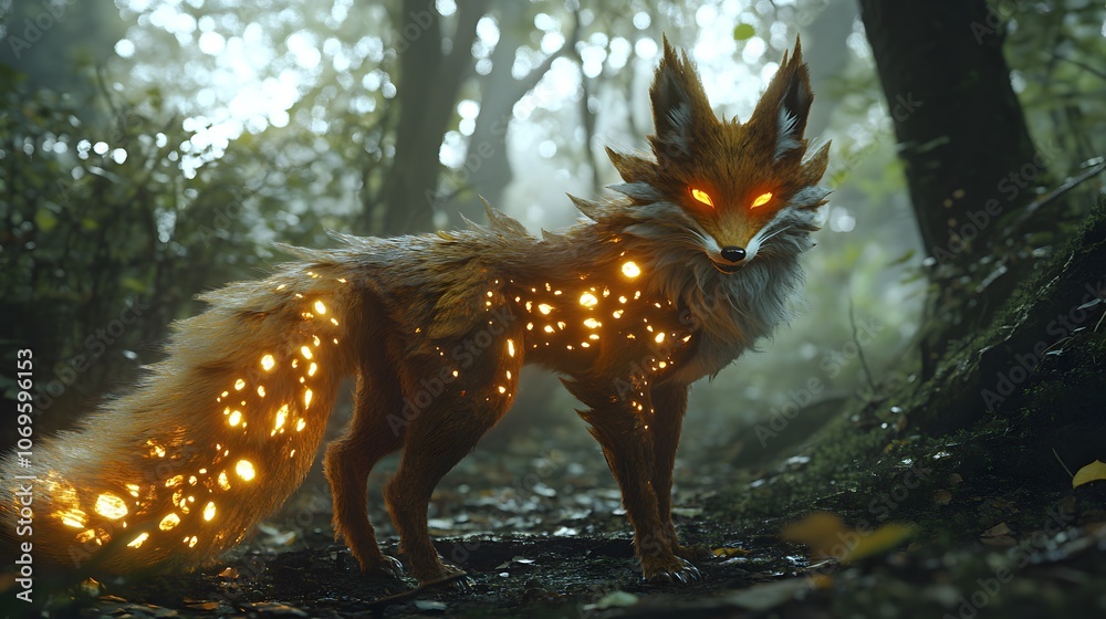 3. Mystic fox-like creature with multiple tails, glowing patterns on ...
