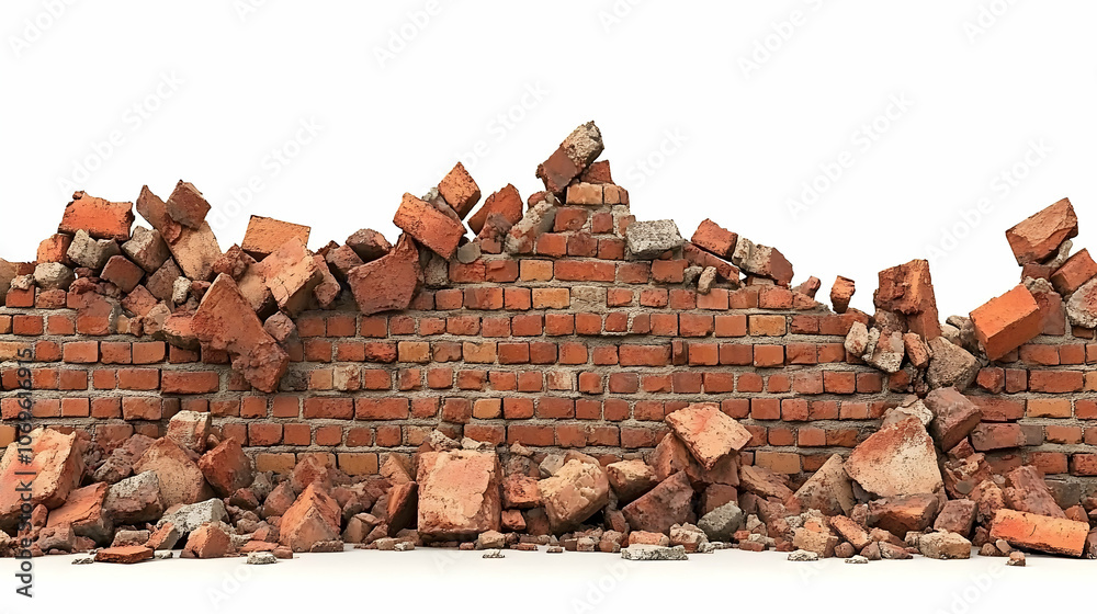 Broken Brick Wall Isolated on White Background, damaged, destroyed, cracked, crumbling ...