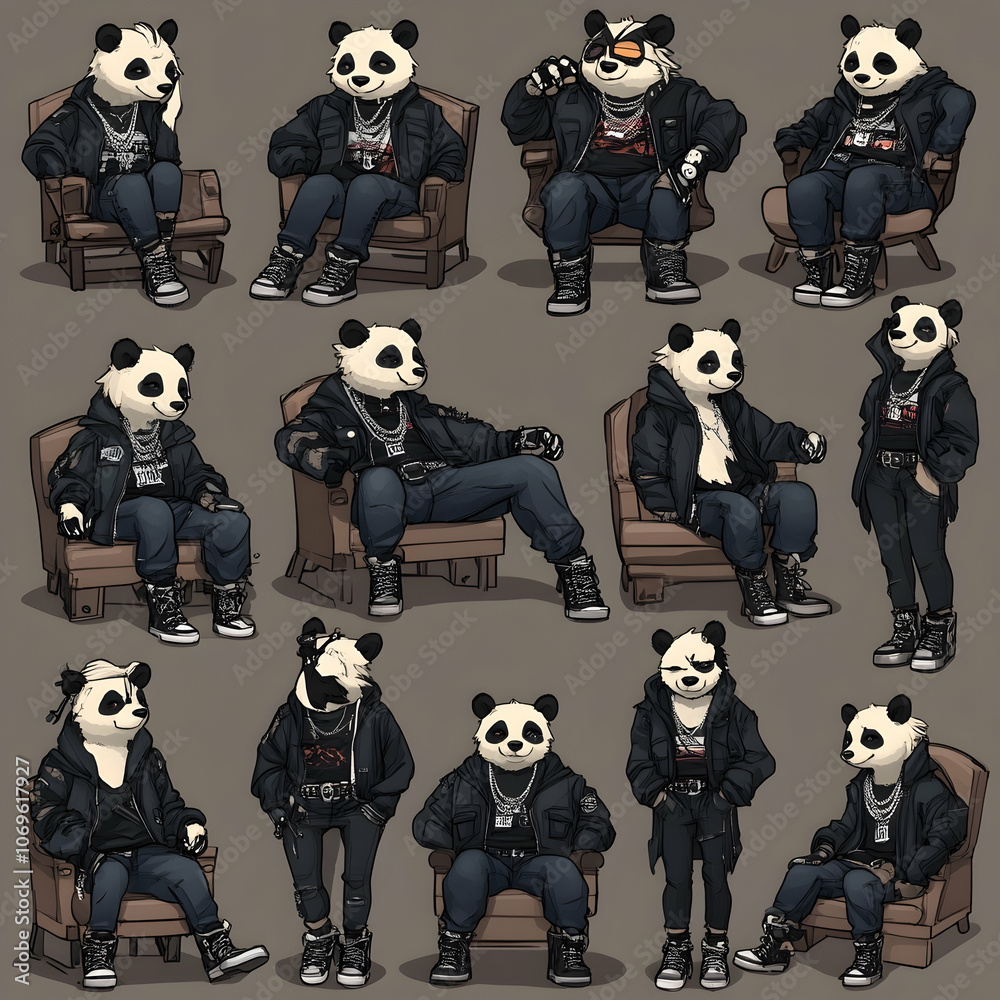 A collection of 12 illustrations of cool pandas in various poses. Each panda is wearing a ...