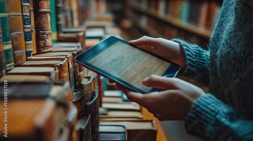 Hand placing a tablet PC among library shelves, representing the ...