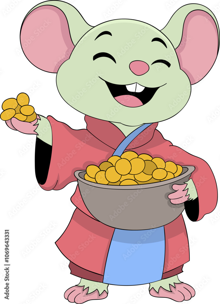 Cheerful Mouse Character in Traditional Clothing Holding a Large Bowl ...