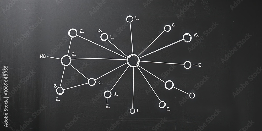 A network diagram of interconnected nodes and lines drawn with chalk on ...