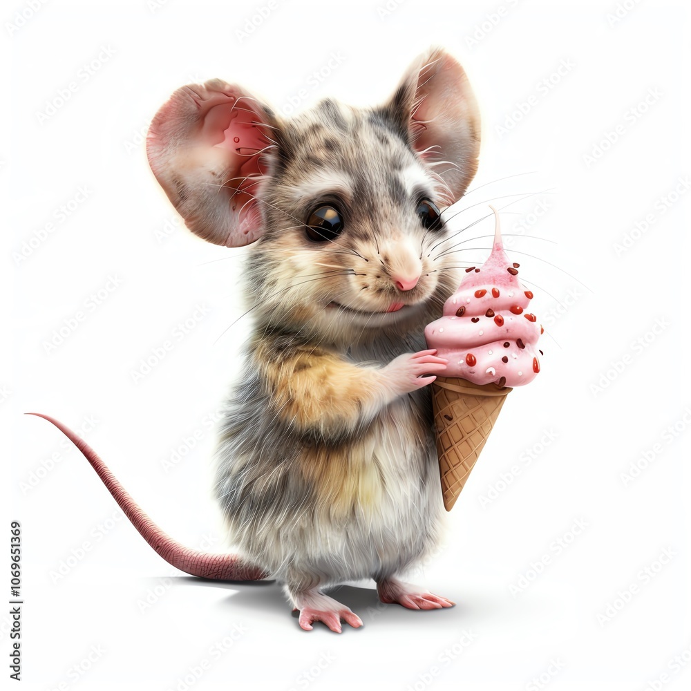 Charming 3D mouse holding ice cream clipart, white backdrop, vivid ...