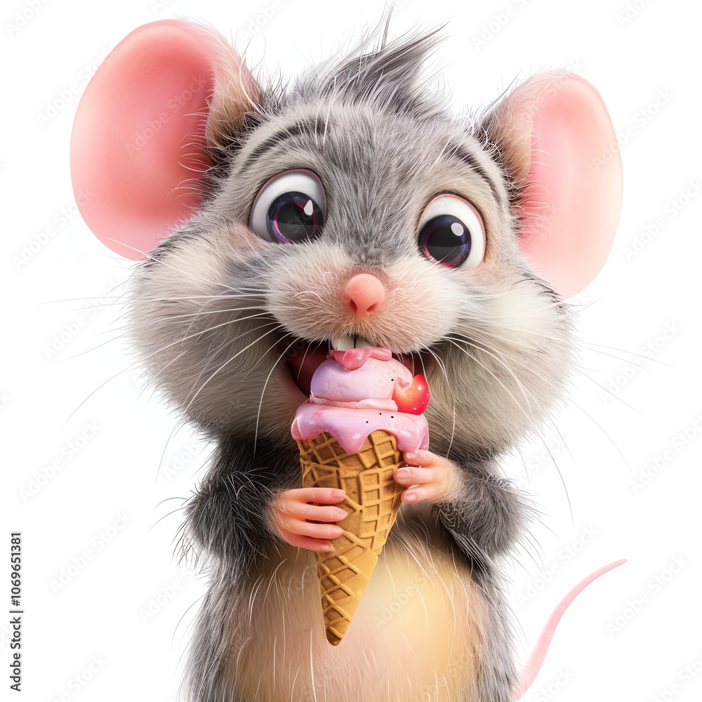 Charming 3D mouse holding ice cream clipart, white backdrop, vivid ...