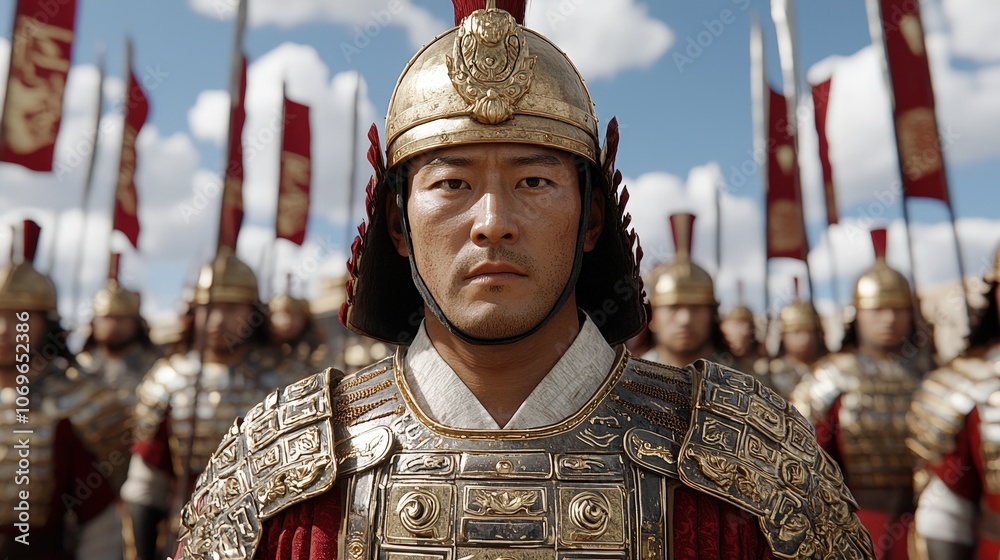 Ancient Chinese Warrior in Full Armor with Red Flags and Army ...