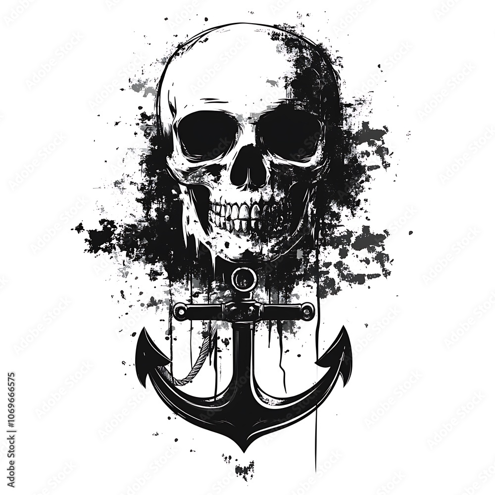 Black and white illustration of a skull with an anchor in front of it ...
