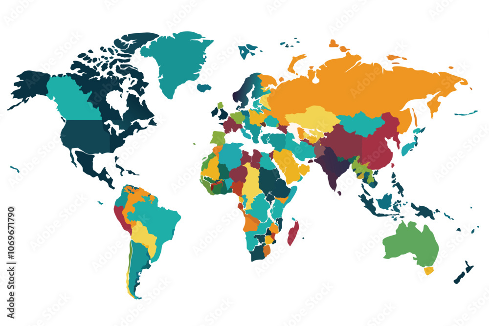 Colorful World Map With Country Borders and Detailed Regions Stock ...