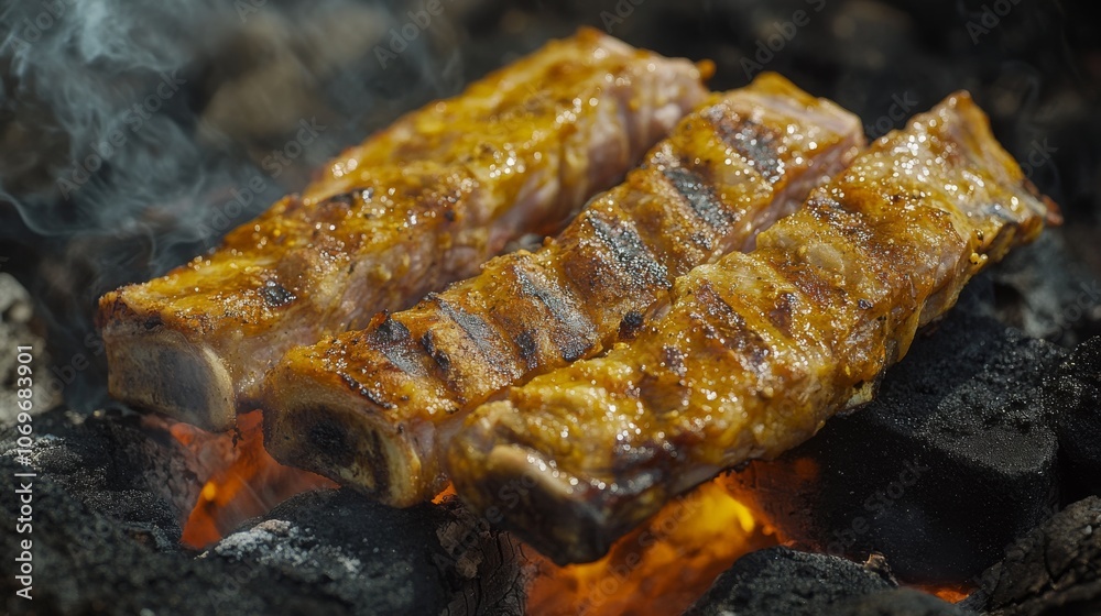 28.Grilled pork ribs resting on smoldering charcoal, vivid textures ...