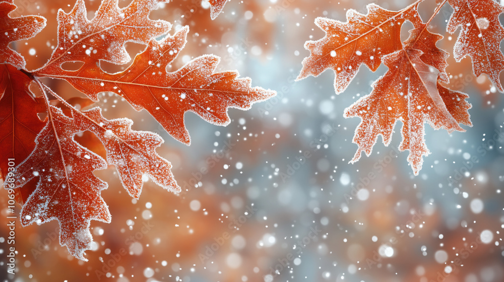 First frost fall leaves.Snow drizzle trees winter background,reflecting ...