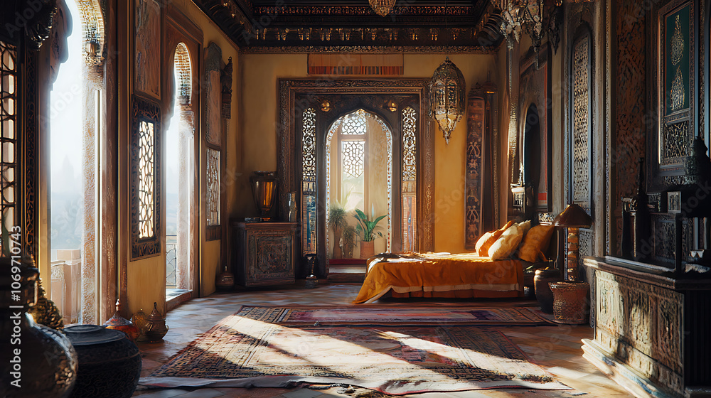Elegant room with exotic decor, intricate patterns, unique cultural ...