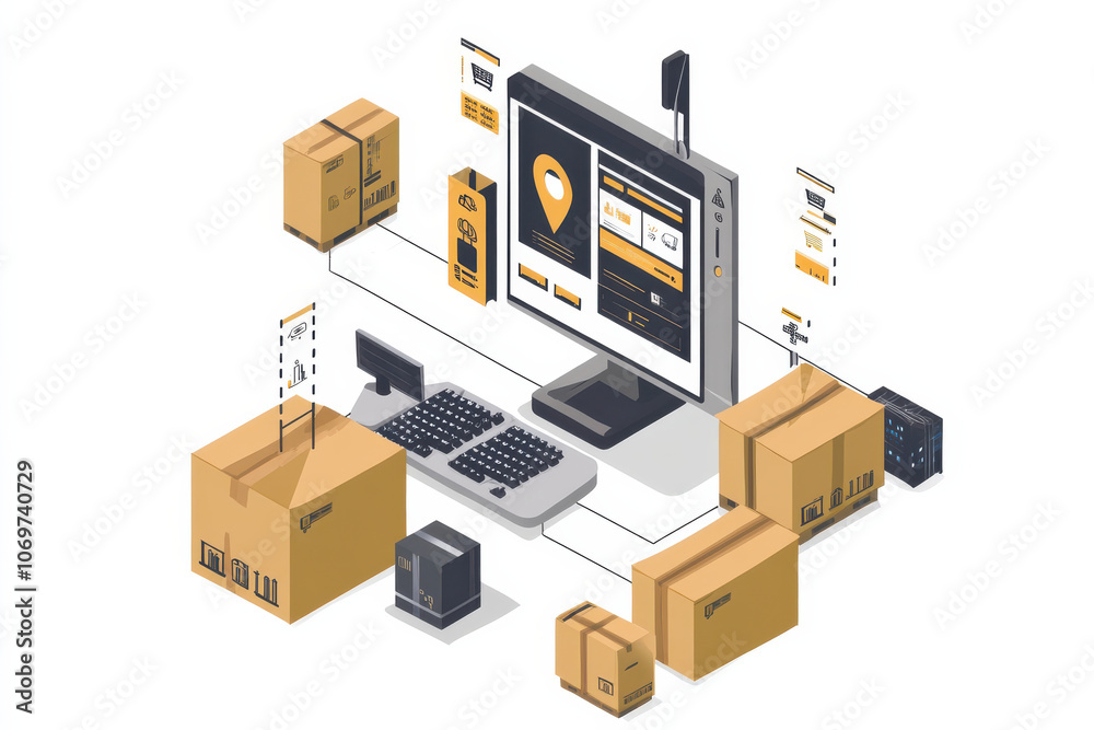 Computer screen with inventory management software showing boxes ...